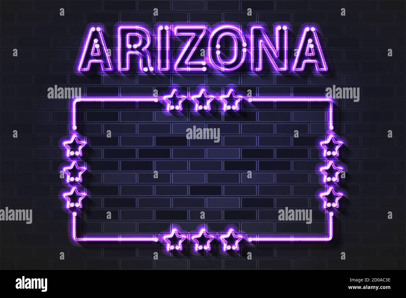 Arizona US State glowing violet neon letters and starred frame ...