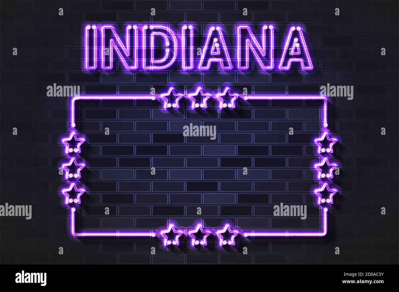 Indiana US State glowing violet neon letters and starred frame ...