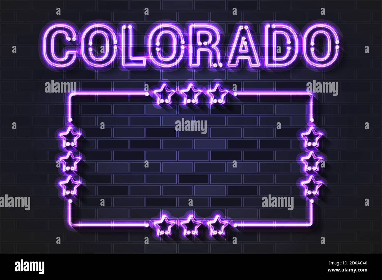 Colorado US State glowing violet neon letters and starred frame ...