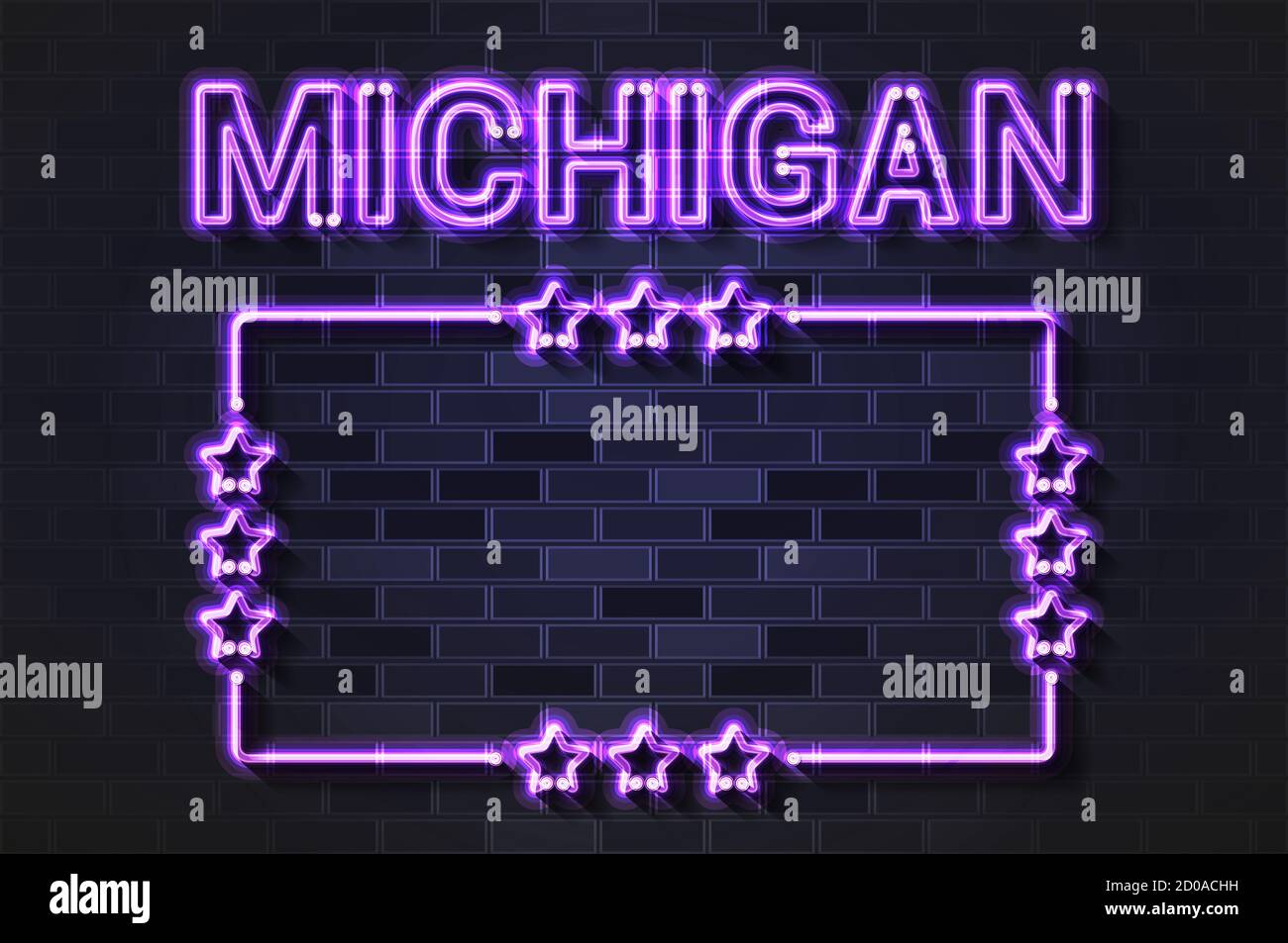 Michigan US State glowing violet neon letters and starred frame ...