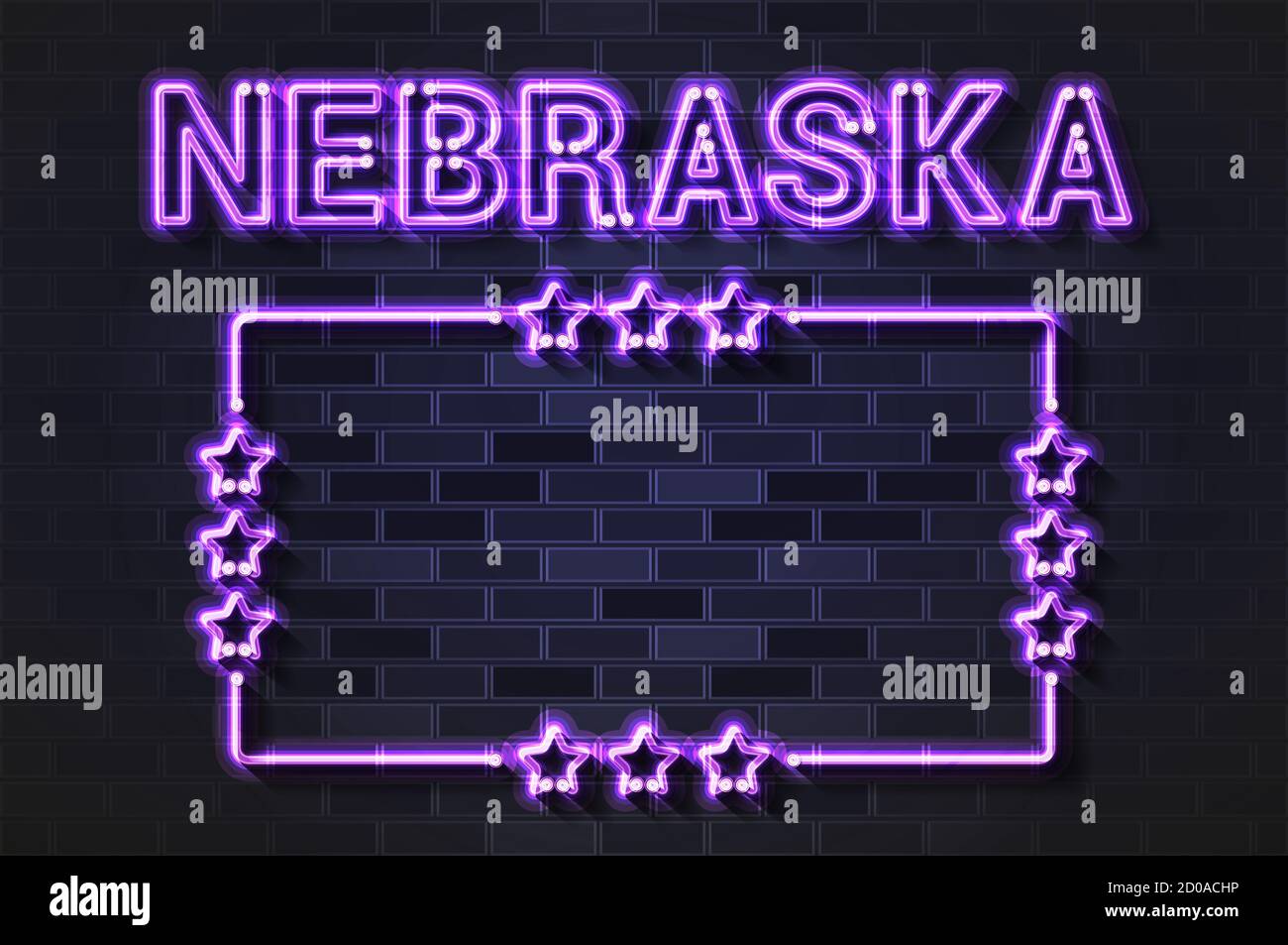 Nebraska US State glowing violet neon letters and starred frame ...