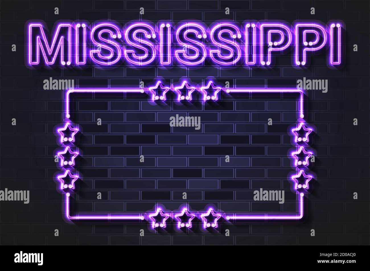 Mississippi US State glowing violet neon letters and starred frame ...