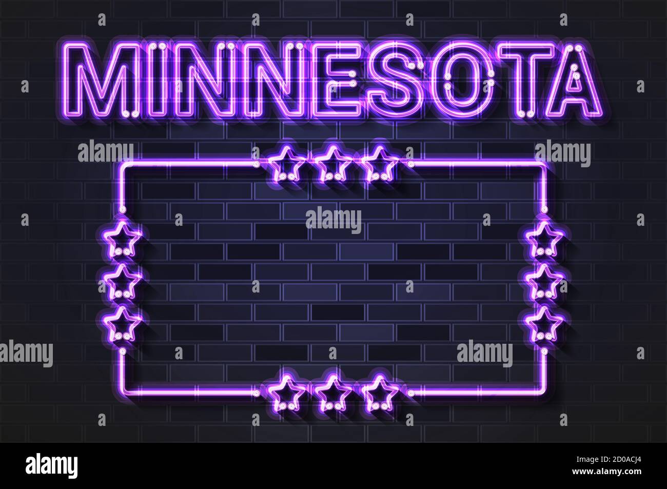 Minnesota US State glowing violet neon letters and starred frame ...