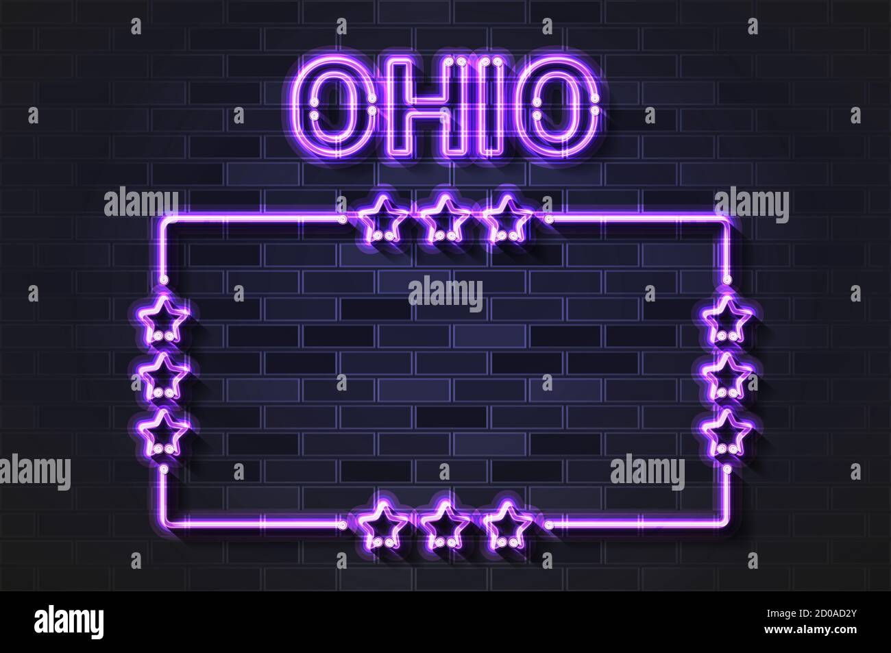 Ohio US State glowing violet neon letters and starred frame. Realistic ...