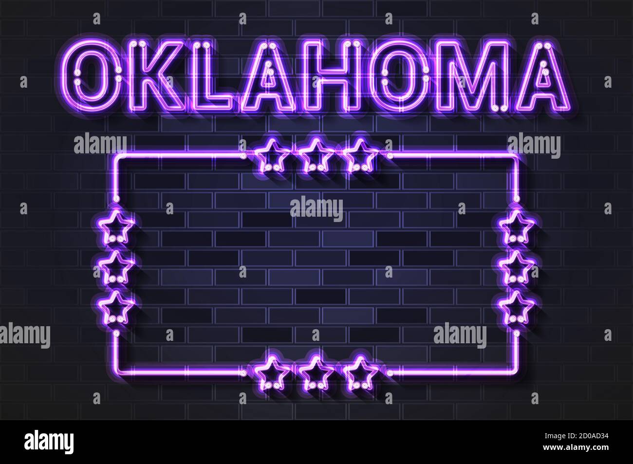 Oklahoma US State glowing violet neon letters and starred frame ...