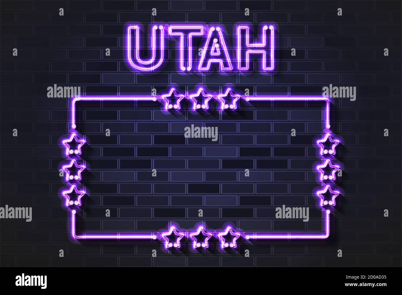 Utah US State glowing violet neon letters and starred frame. Realistic ...