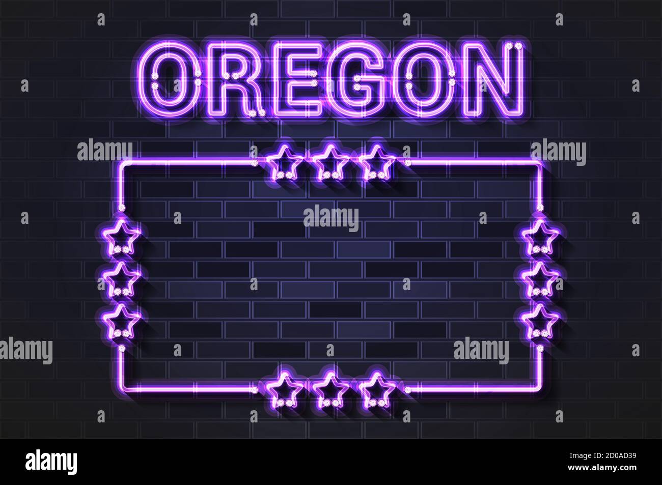 Oregon US State glowing violet neon letters and starred frame ...