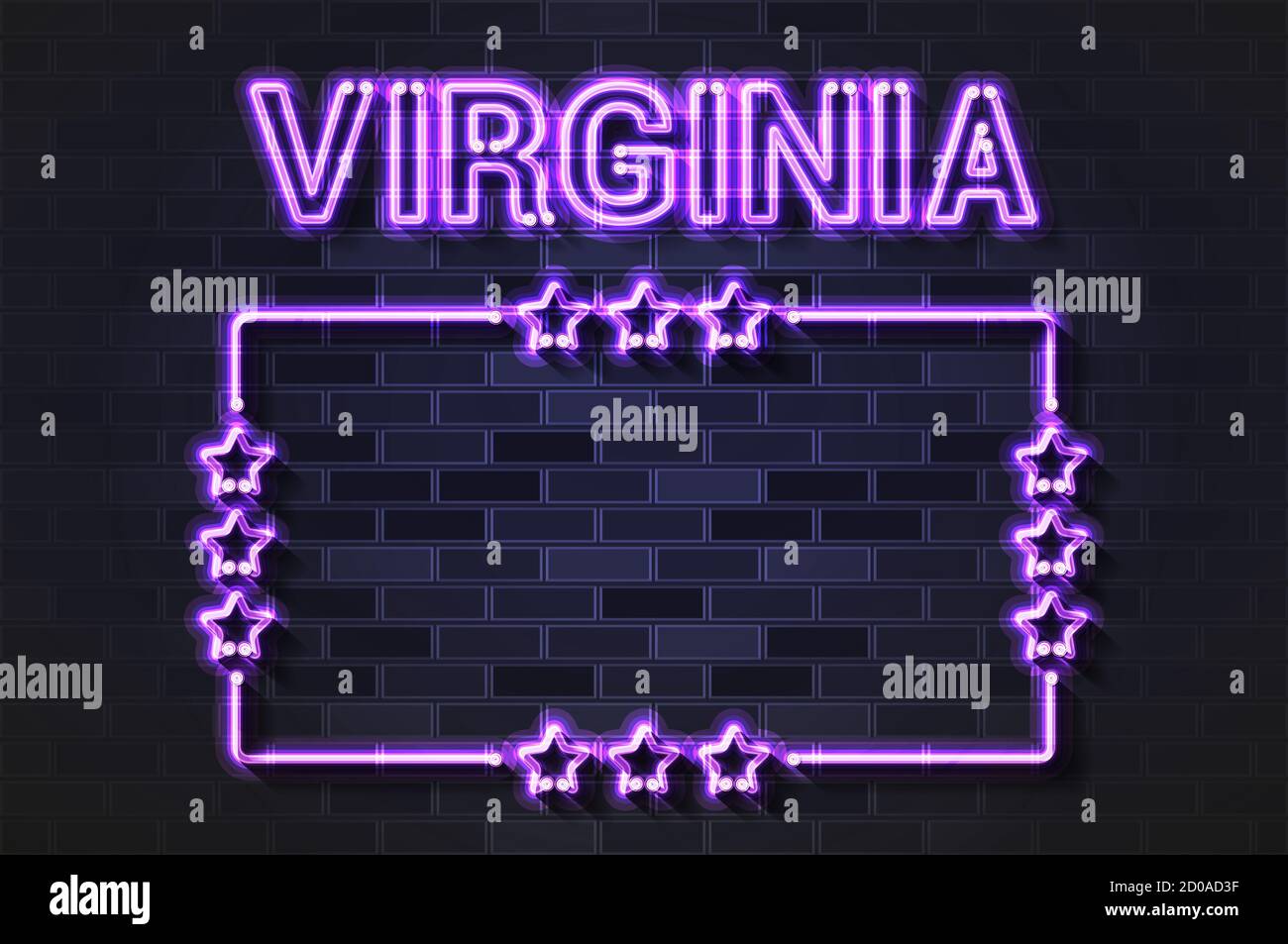 Virginia US State glowing violet neon letters and starred frame ...