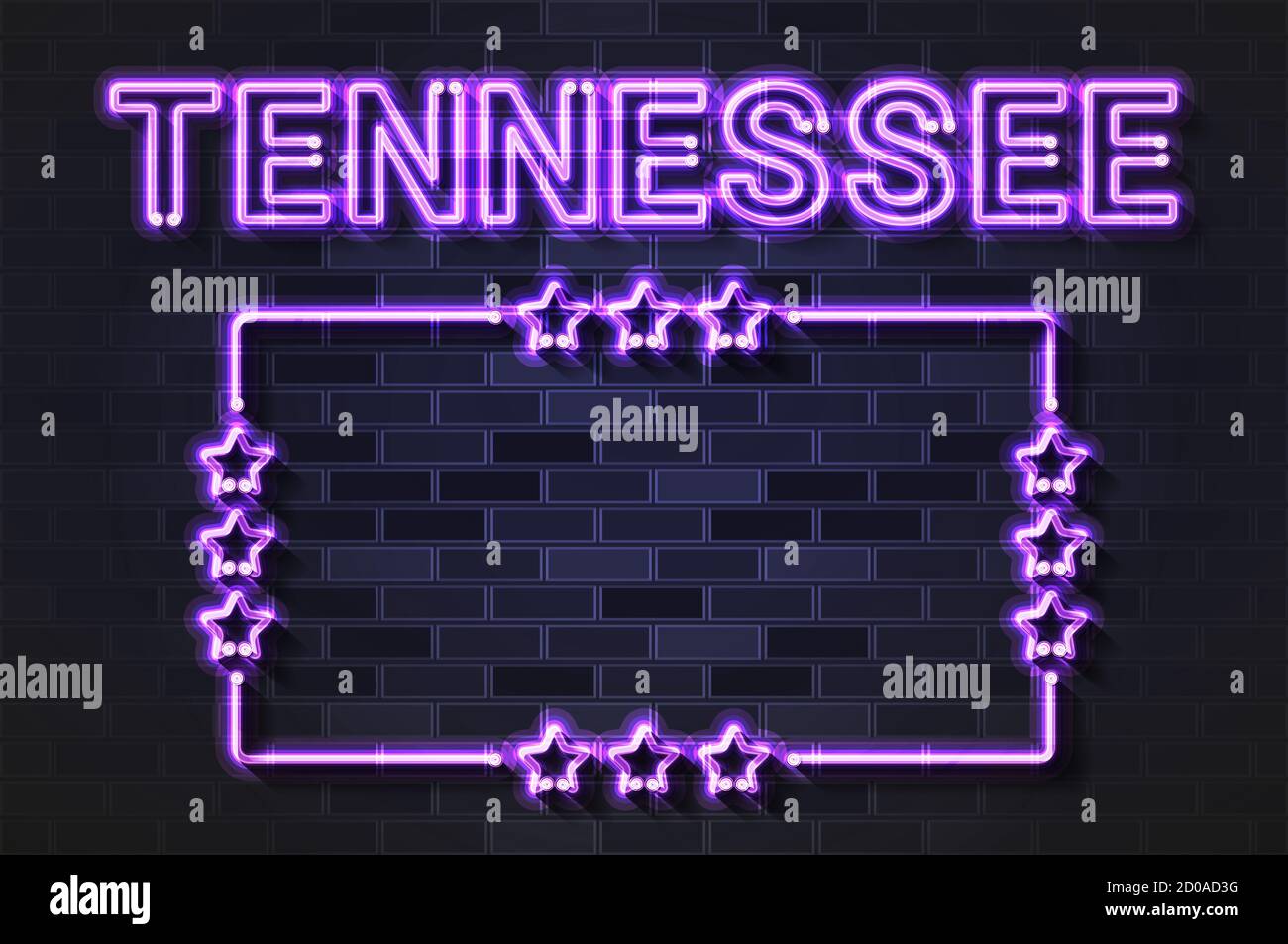 Tennessee US State glowing violet neon letters and starred frame ...
