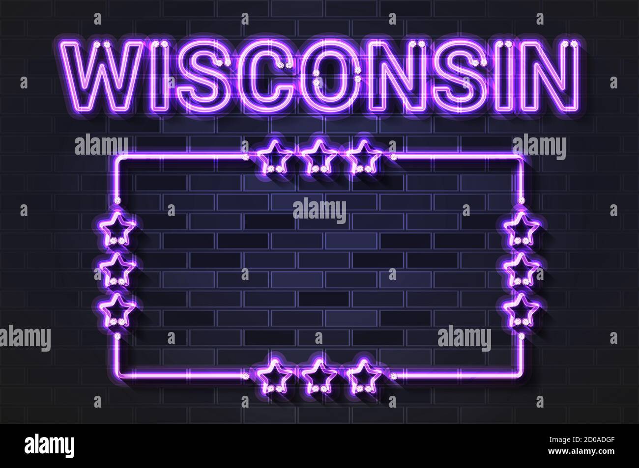 Wisconsin US State glowing violet neon letters and starred frame ...
