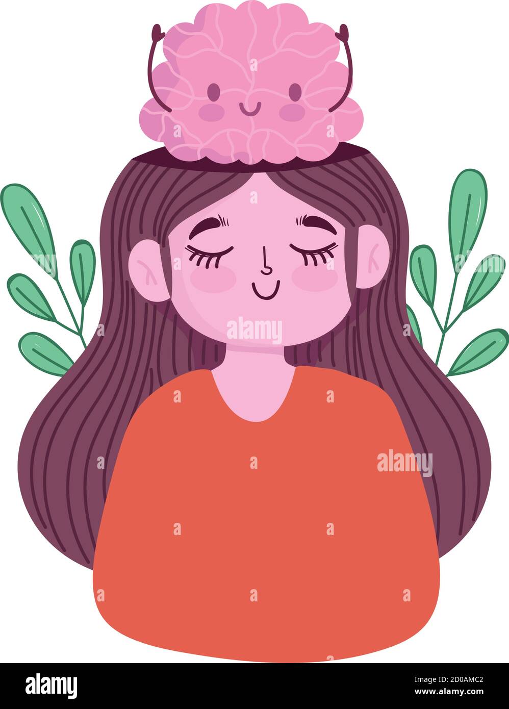 world mental health day, portrait girl with brain cartoon vector ...