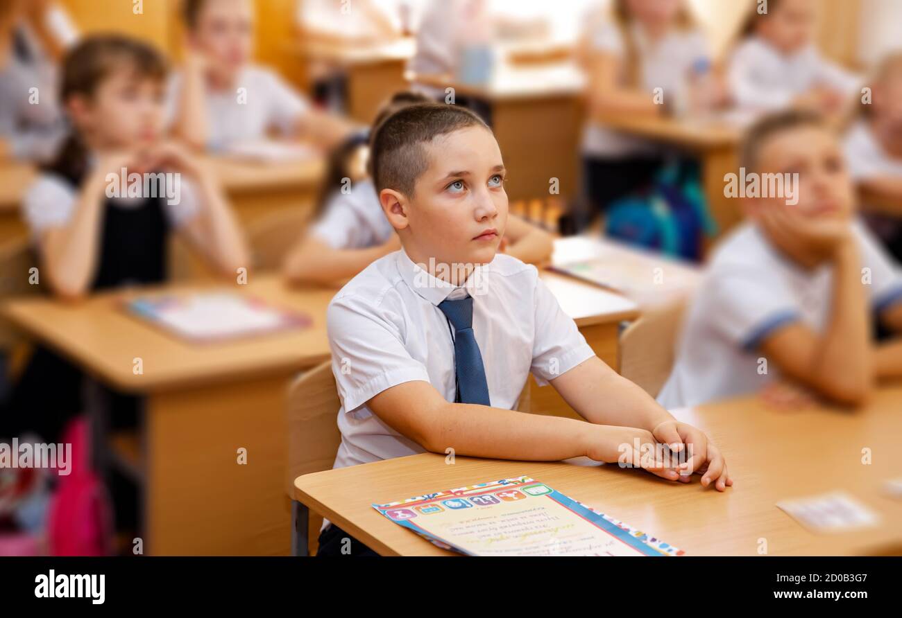 Portrait of cute primary schoolboy on the lesson. Kids writing test ...
