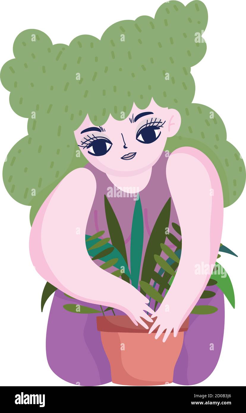 gardening, girl with green hair planting in pot leaves isolated icon ...
