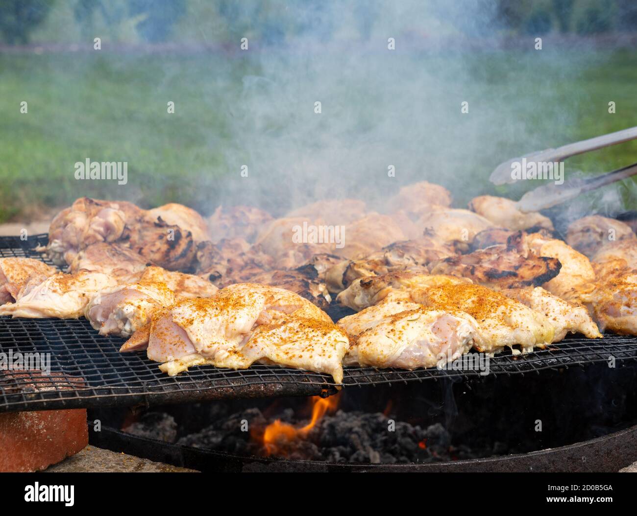 Making BBQ chicken on a wood fired grill in the outdoors Stock Photo ...