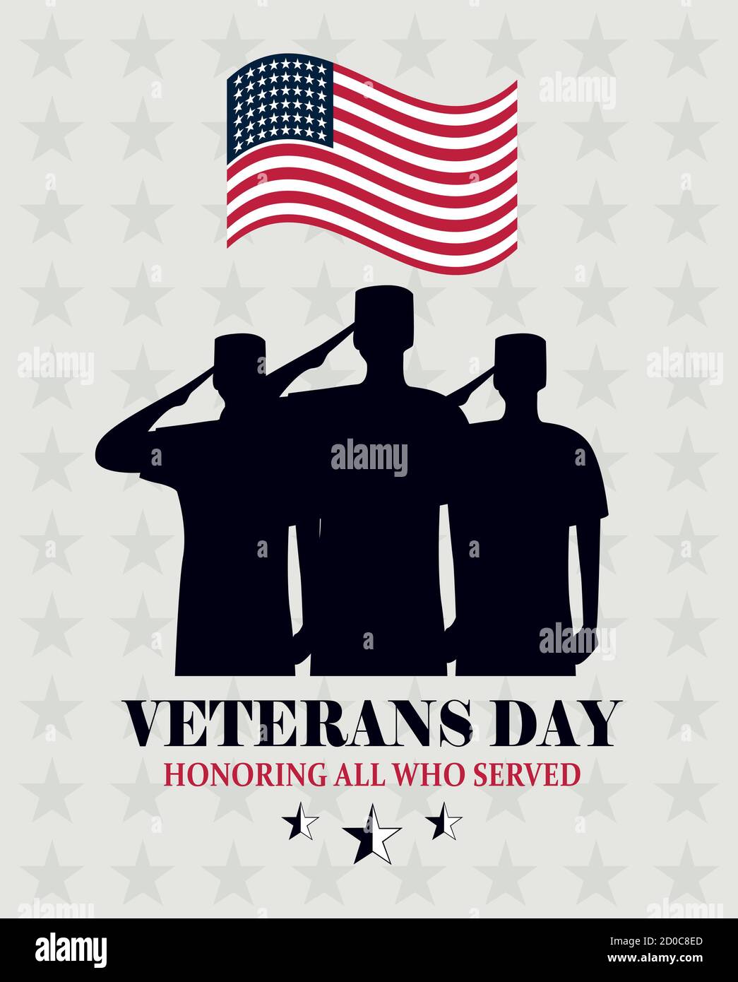 happy veterans day, waving US flag and soldiers saluting card vector ...