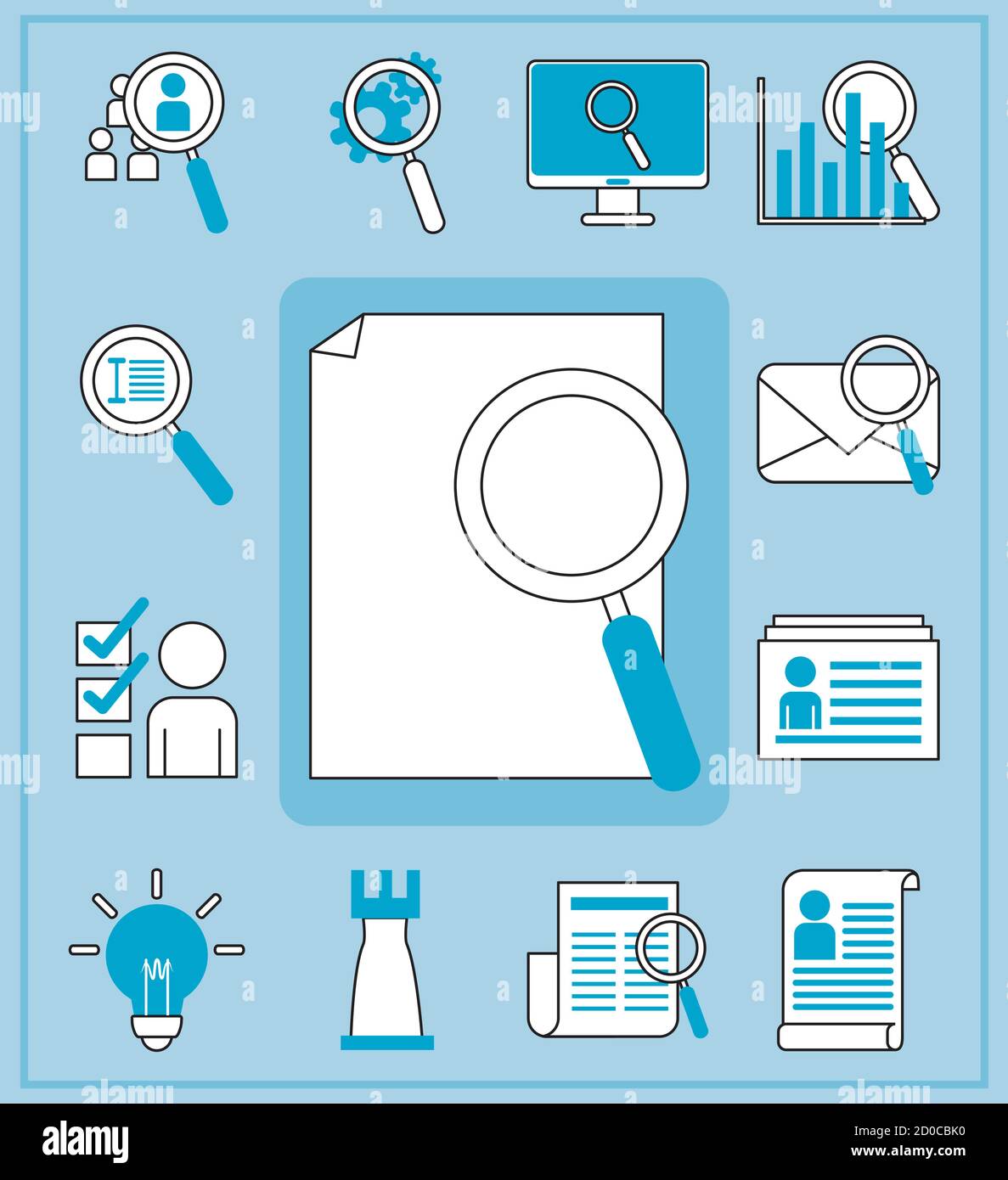 search icons, magnifying glass research internet pictogram set thin ...