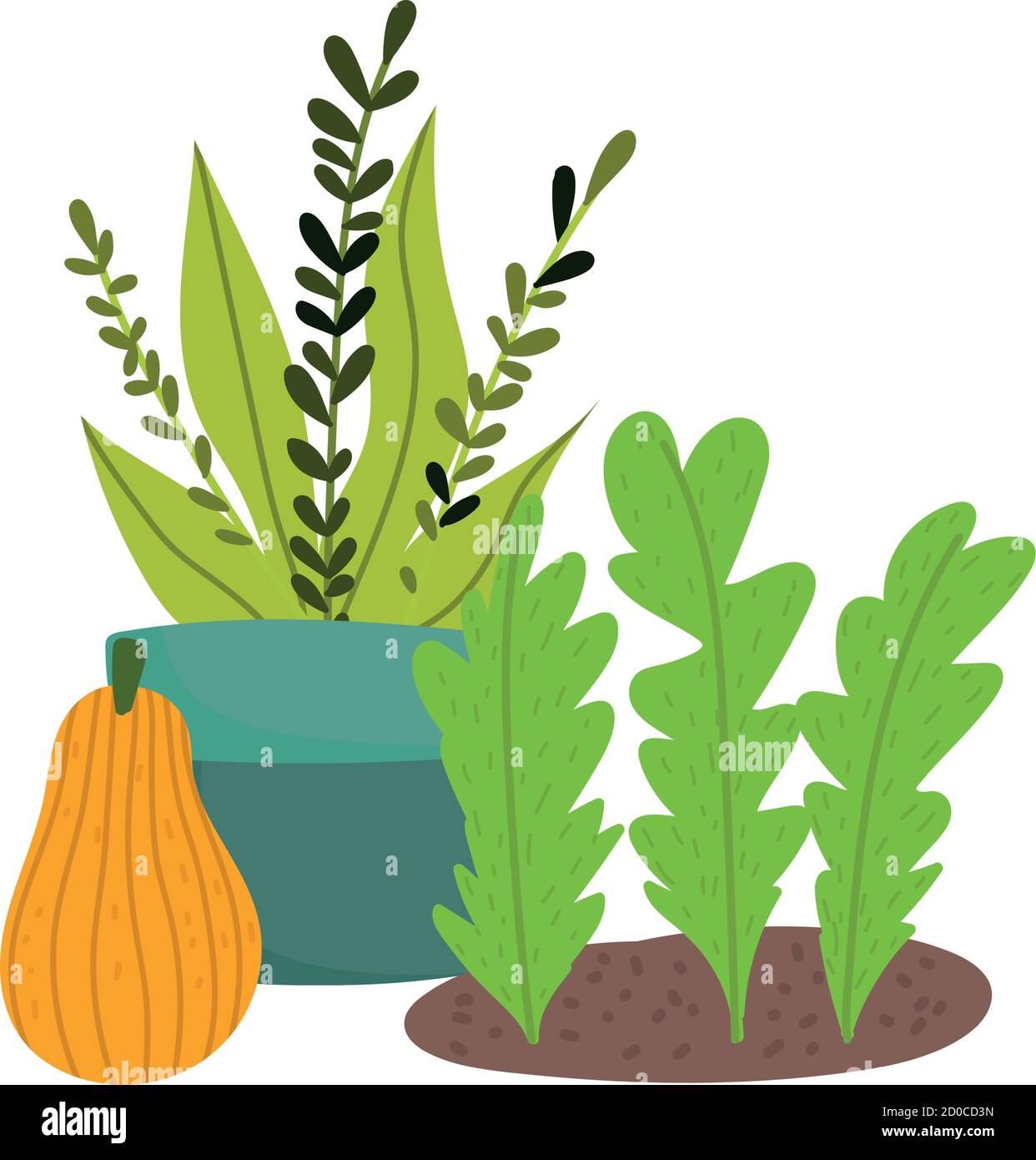 gardening, potted plant planting leaves and pumpkin nature isolated ...