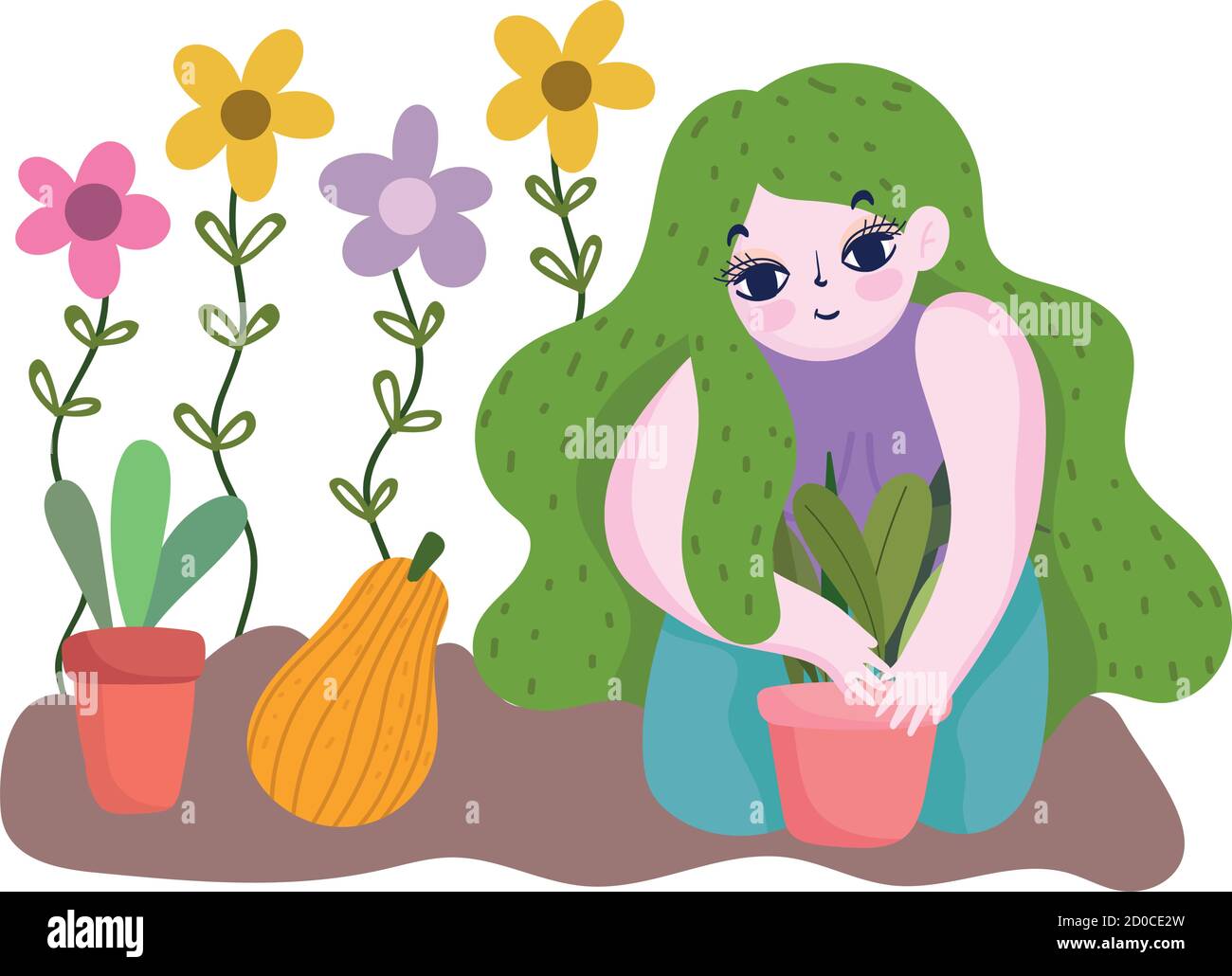 happy garden, girl with green hairstyle floral planting plants in pot ...