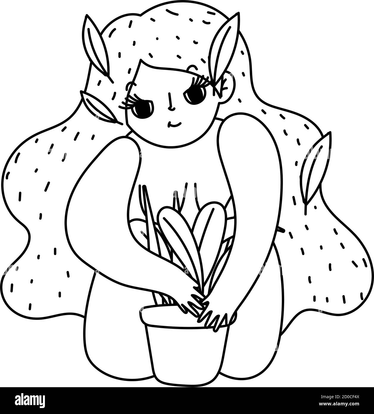 gardening, girl with hairstyle and planting plant isolated line icon ...