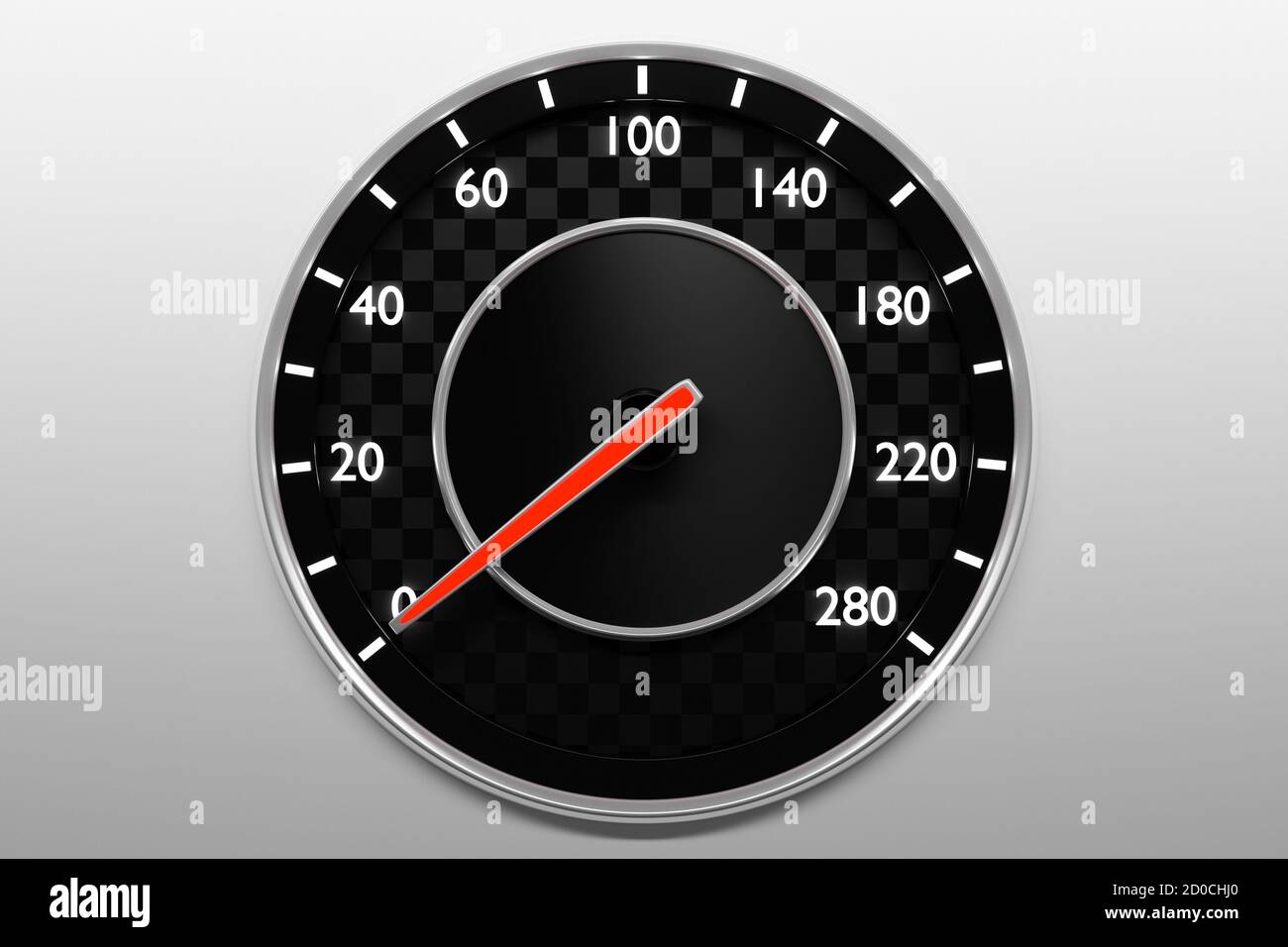 3D illustration close up black car panel, digital bright speedometer in ...