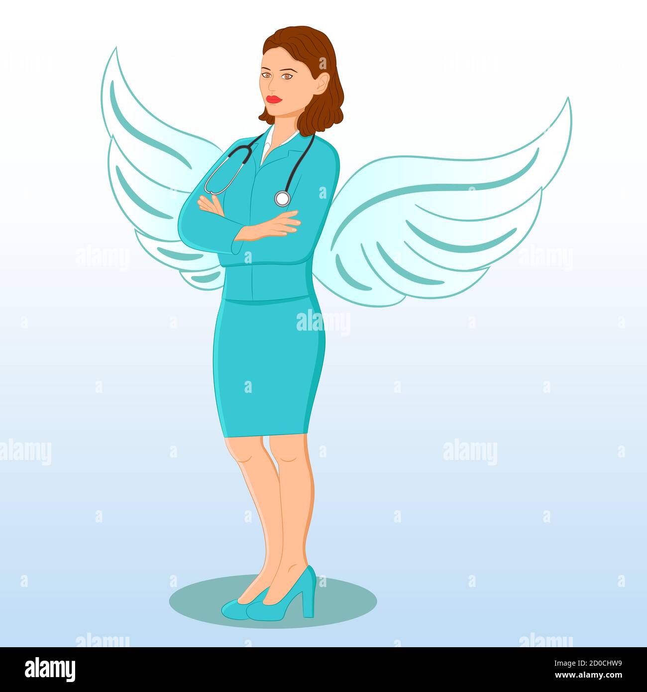 A woman doctor or nurse with white angel wings and stethoscope. Real ...
