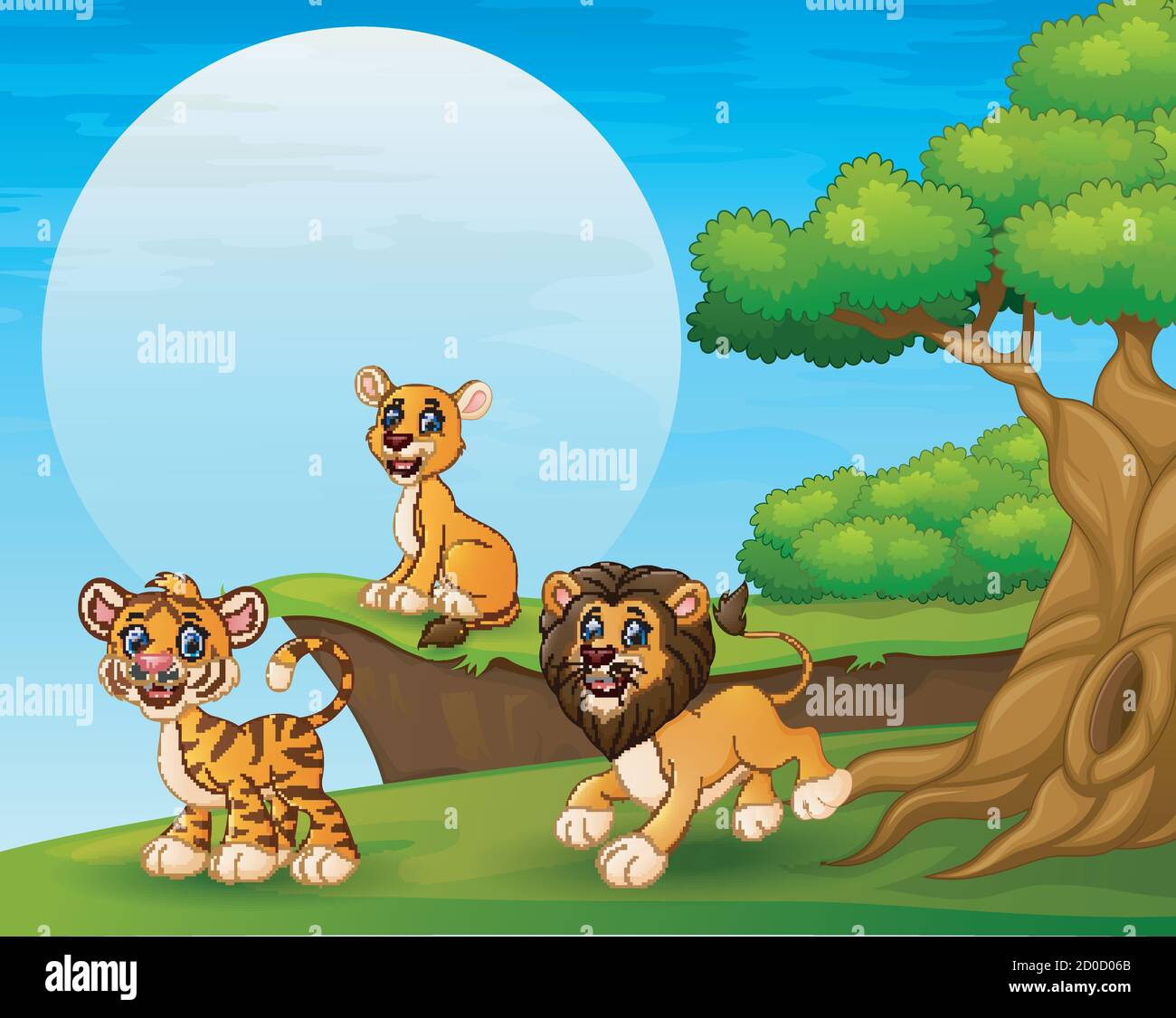Vector illustration of Cartoon tiger and lions playing near the cliff ...