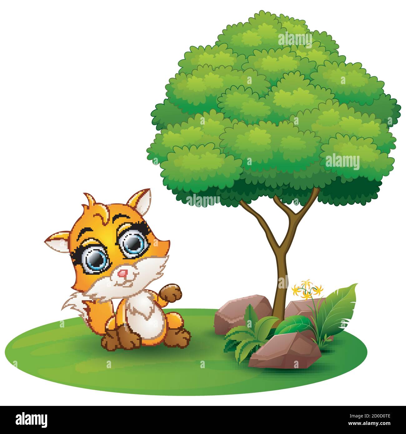 Vector illustration of Cartoon fox under a tree on a white background ...