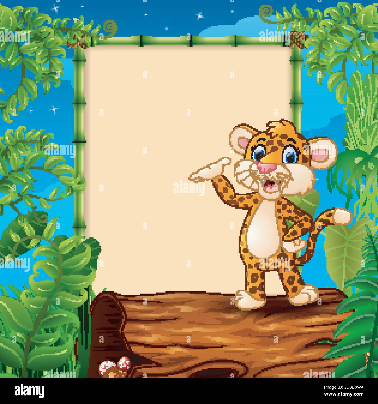 Cartoon leopard presenting on hollow log near the empty framed ...