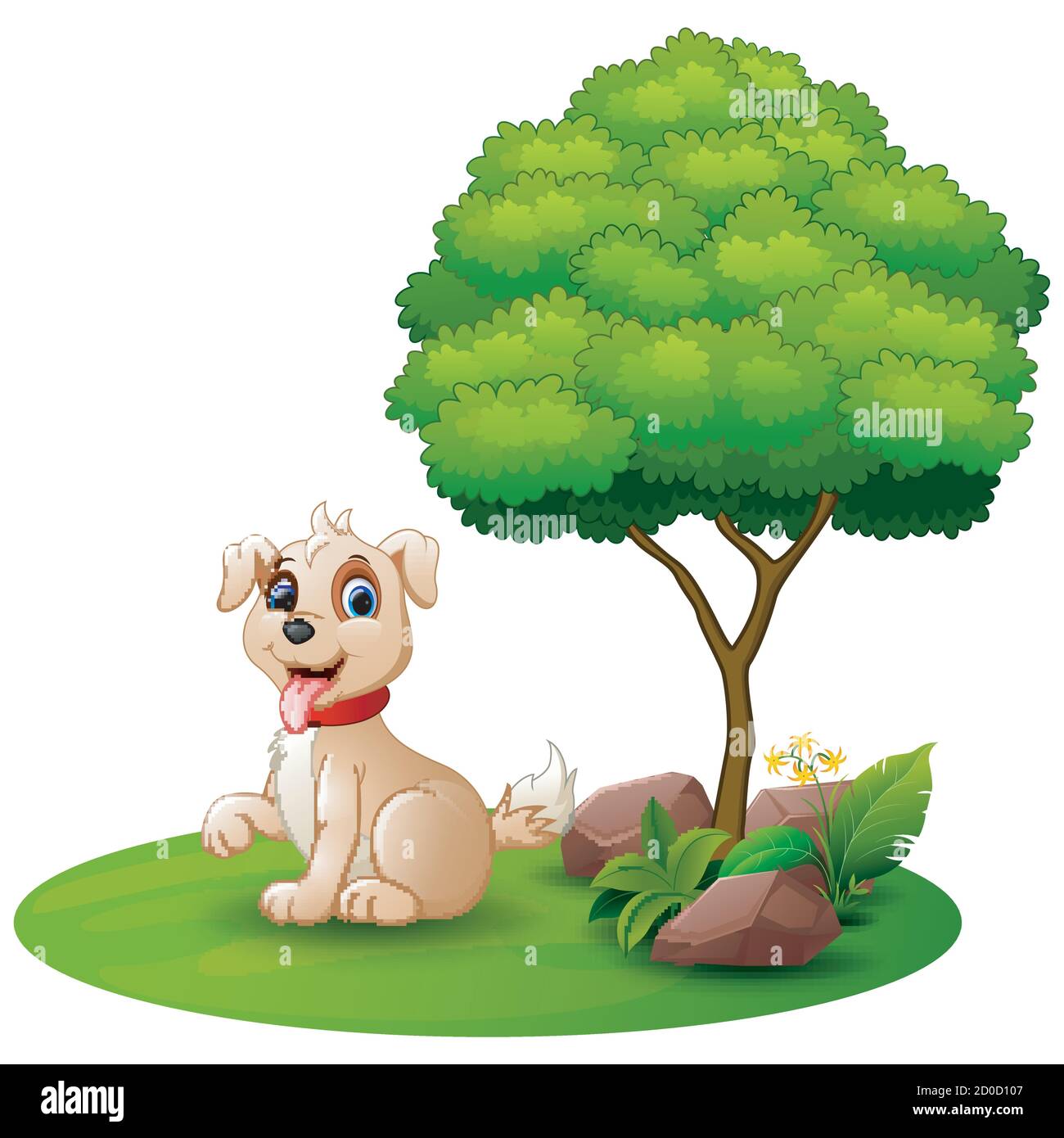 Vector illustration of Cartoon dog sitting under a tree on a white ...