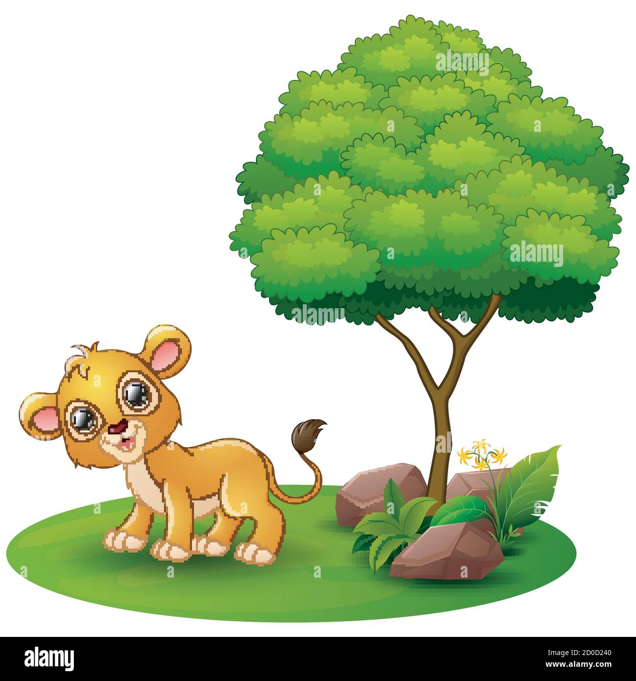 Vector illustration of Cartoon lion under a tree on a white background ...