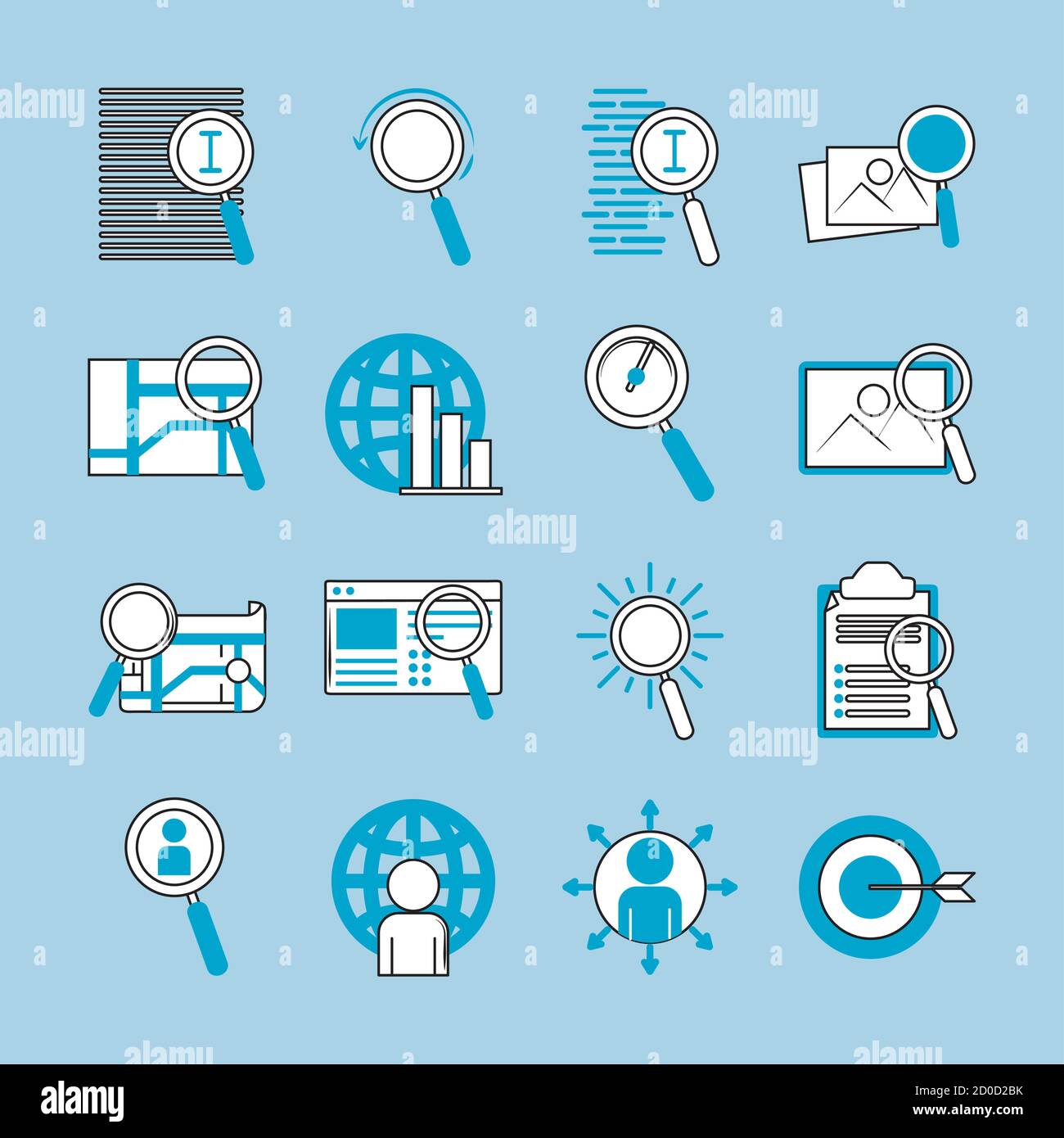 search icon, set icons blue line pictogram, diagram target document ...
