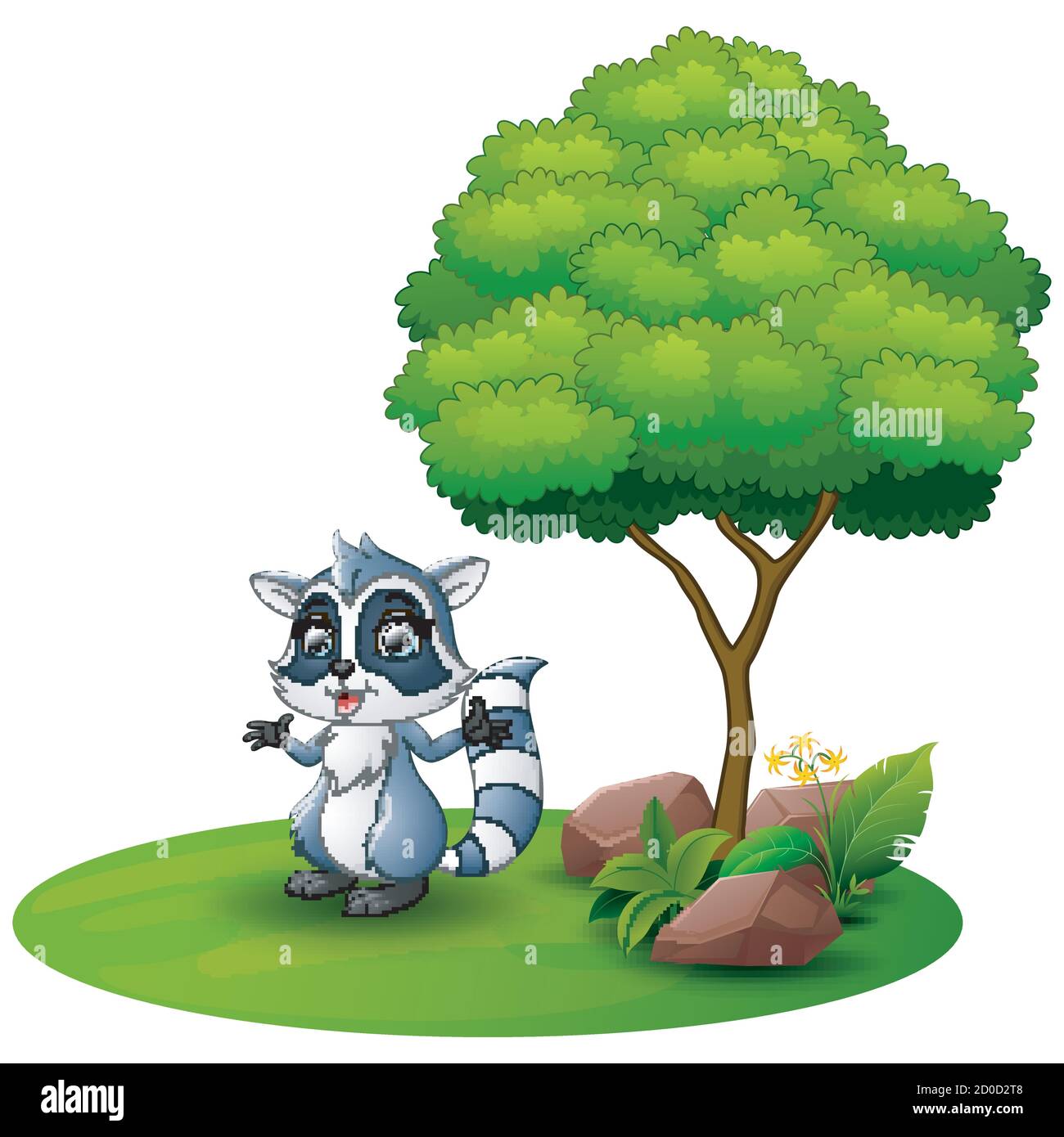 Vector illustration of Cartoon raccoon under a tree on a white ...