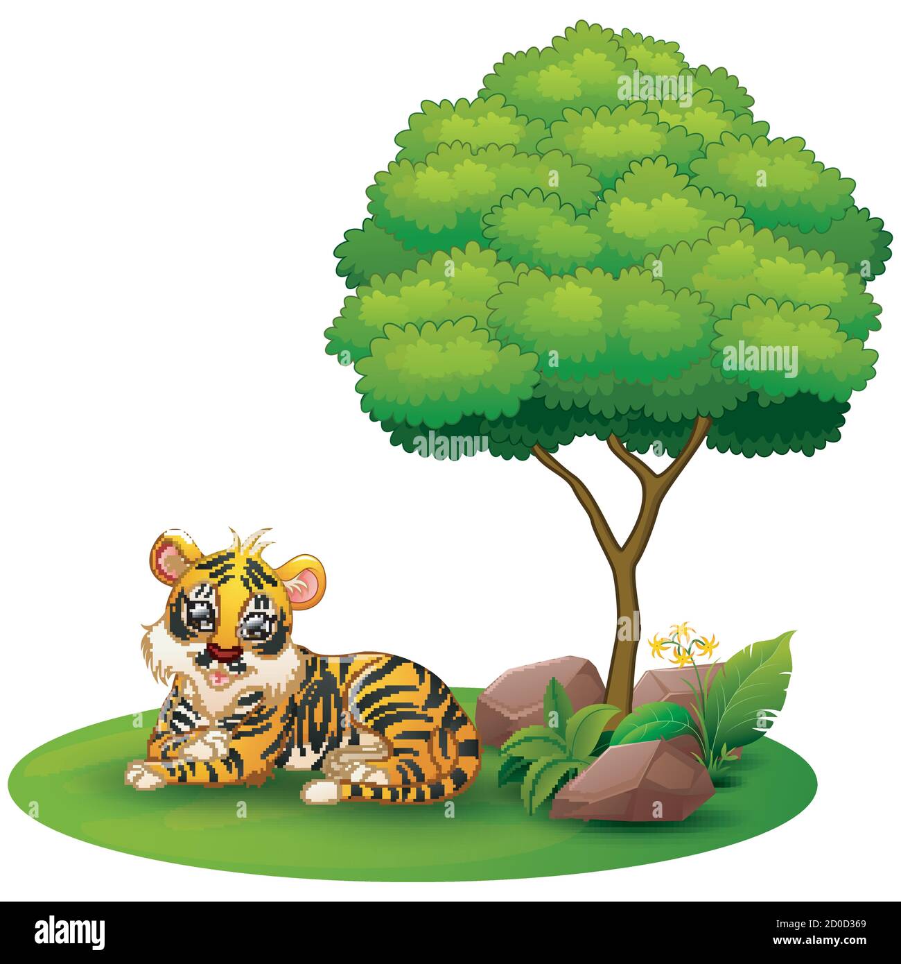 Cartoon tiger lay down under a tree on a white background Stock Vector ...