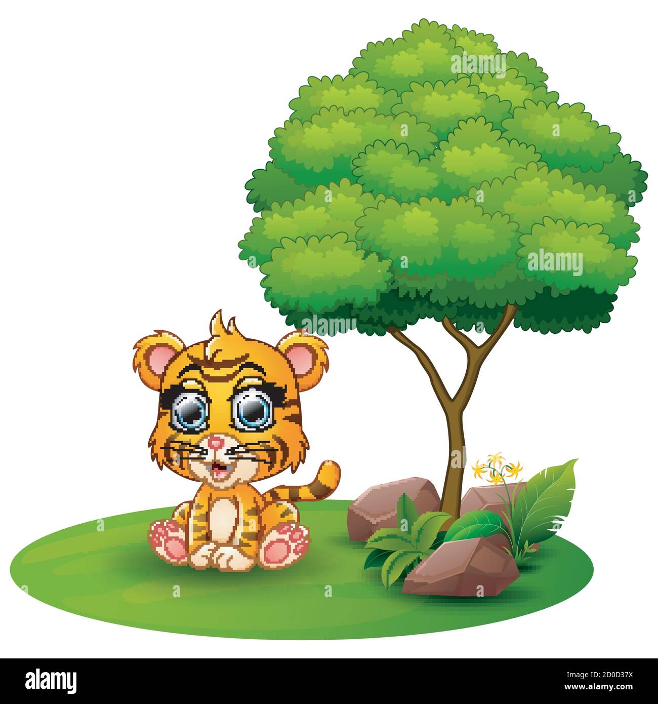 Vector illustration of Cartoon tiger sitting under a tree on a white ...