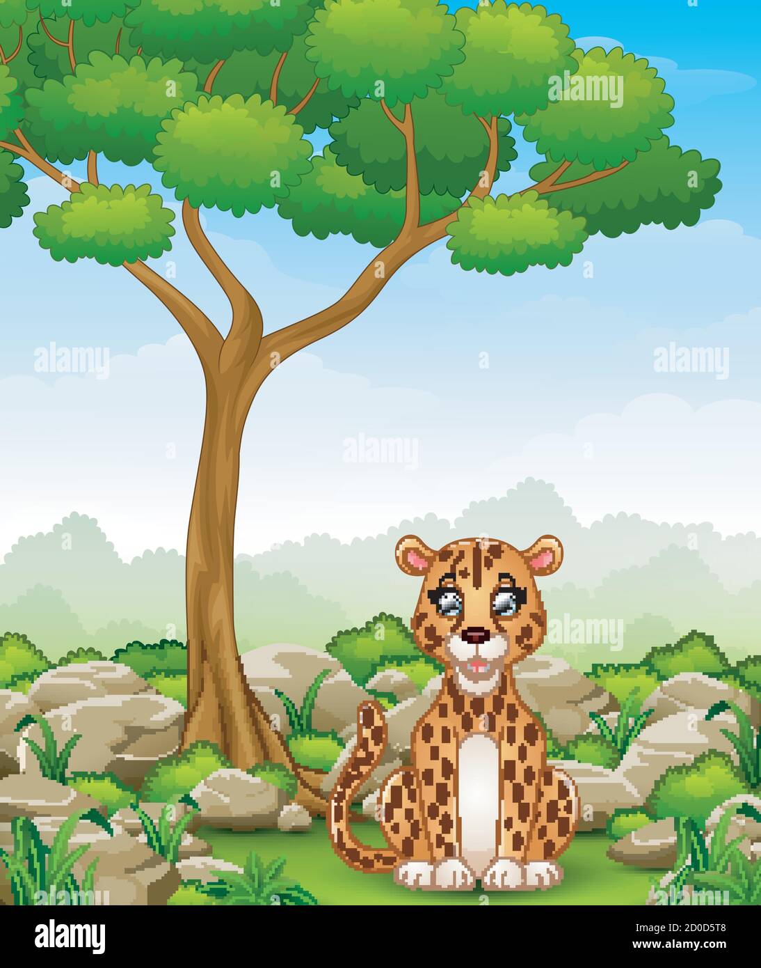 Vector illustration of Cartoon leopard sitting in the jungle Stock ...