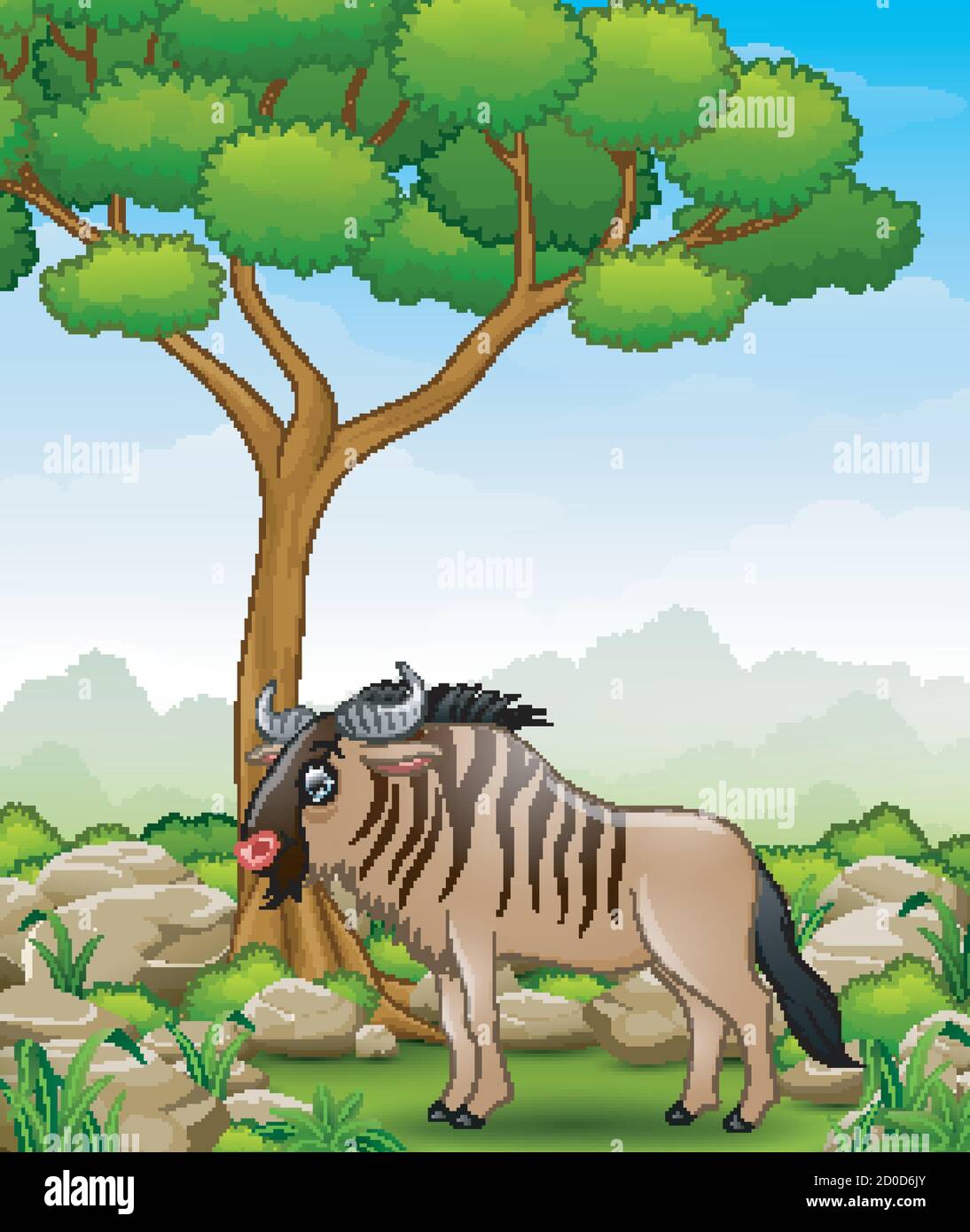 Vector illustration of Cartoon wildebeest mascot in the jungle Stock ...
