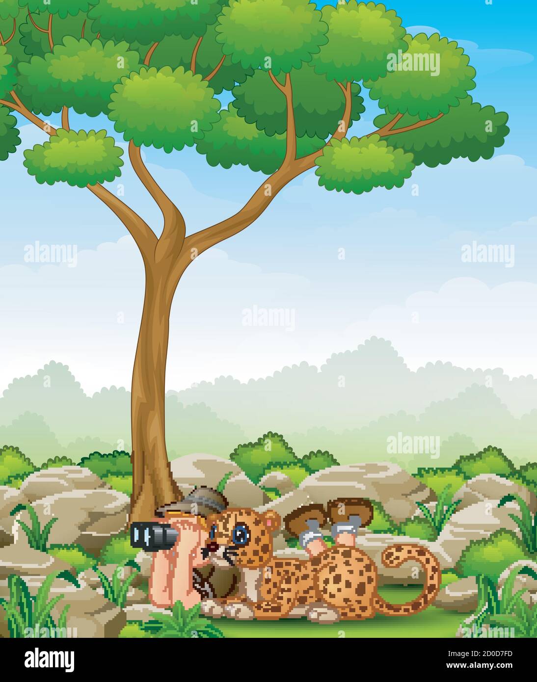 Vector illustration of Cartoon boy lay down using binoculars with a ...