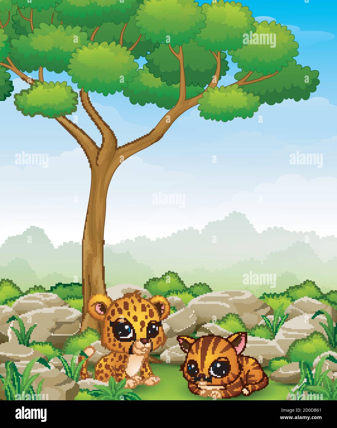 Vector illustration of Cartoon baby cheetah with kitten lay down in the ...
