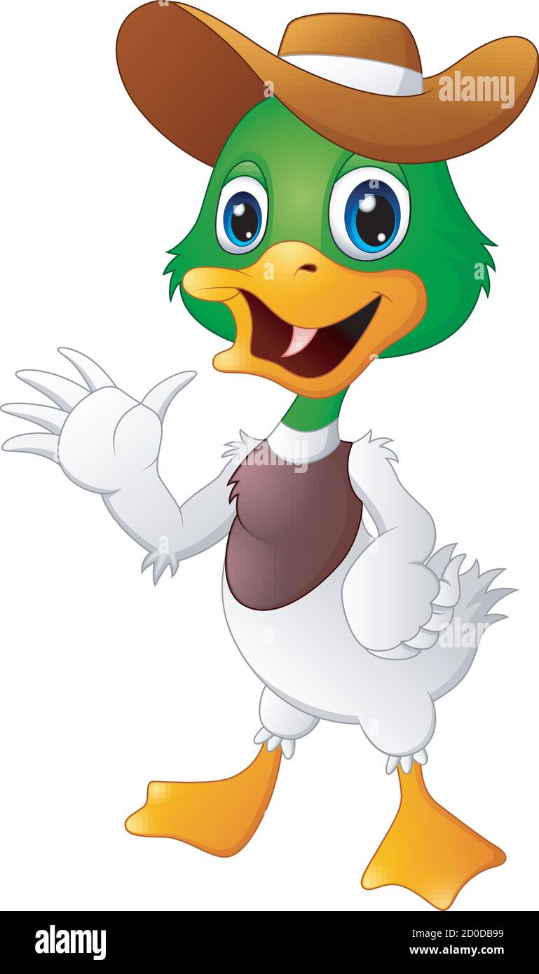Vector illustration of Cute cartoon duck waving hand with a hat Stock ...