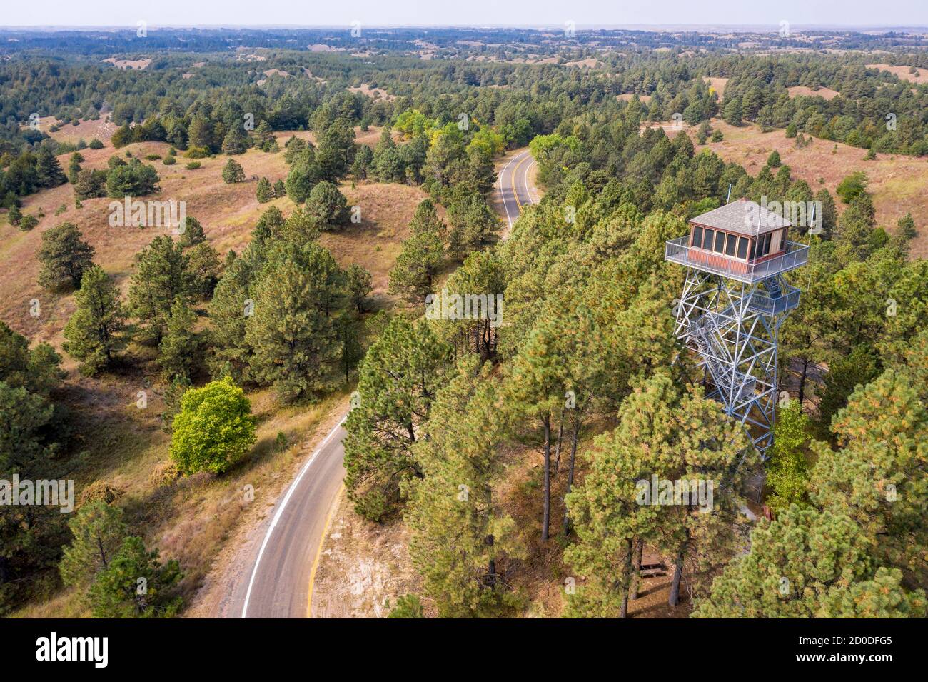 lookout tower in Nebraska National Forest, aerial view of early fall ...
