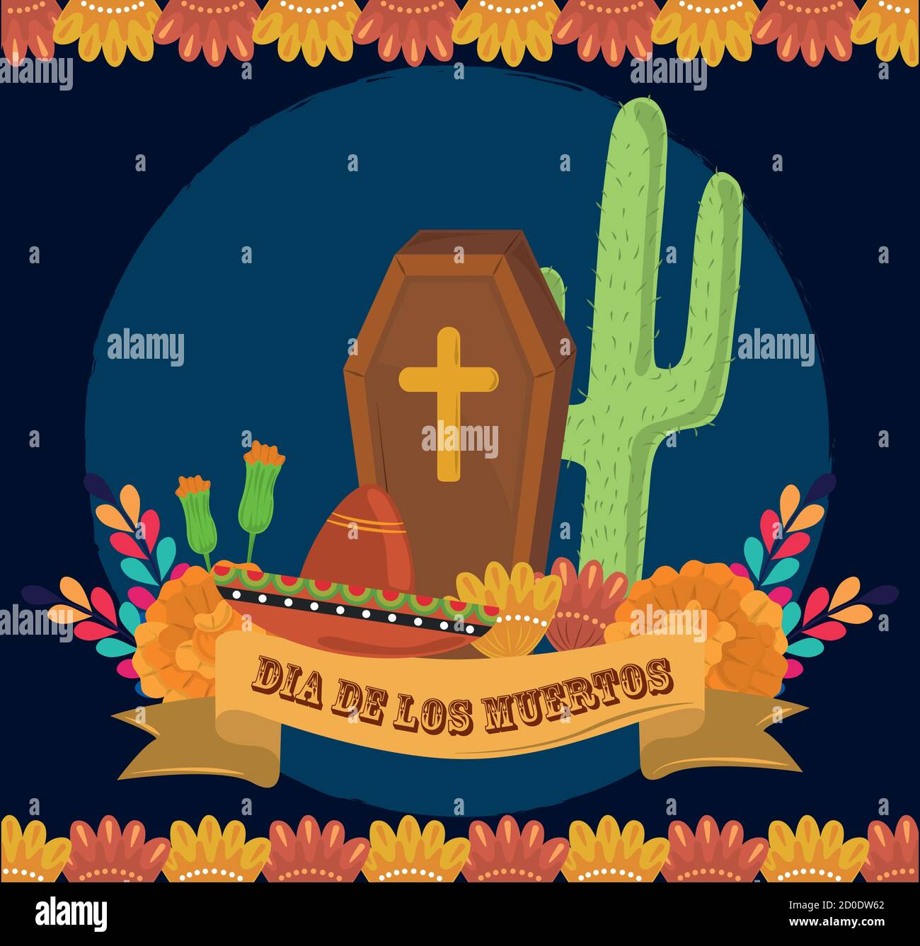 day of the dead, coffin cactus hat and flowers design, mexican ...