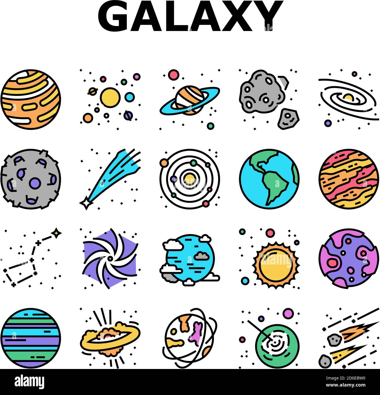 Galaxy System Space Collection Icons Set Vector Stock Vector Image ...