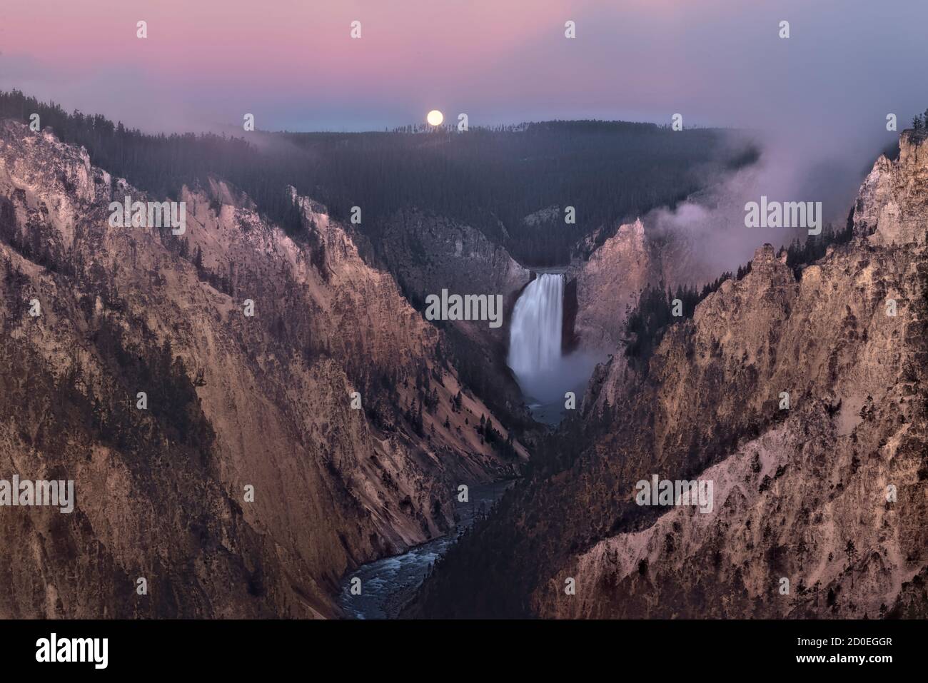 Moon set at sunrise, Lower Falls of the Yellowstone River and Grand ...