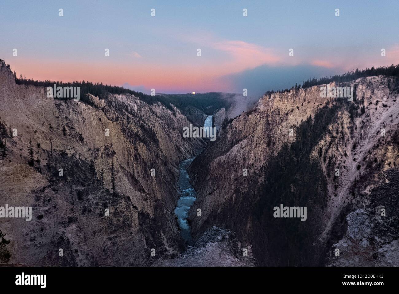Moon set at sunrise, Lower Falls of the Yellowstone River and Grand ...