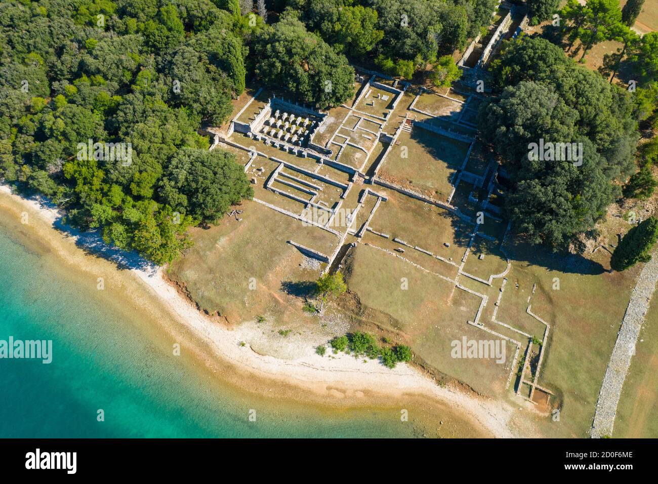 Aerial view of the Verige Bay with the ruins of Roman villa in Brijuni ...