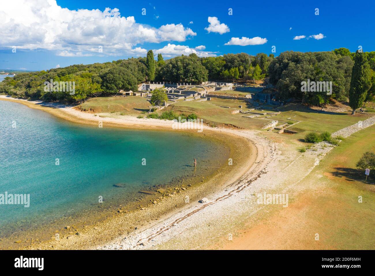 Aerial view of the Verige Bay with the ruins of Roman villa in Brijuni ...