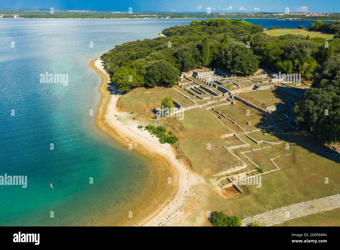 Aerial view of the Verige Bay with the ruins of Roman villa in Brijuni ...
