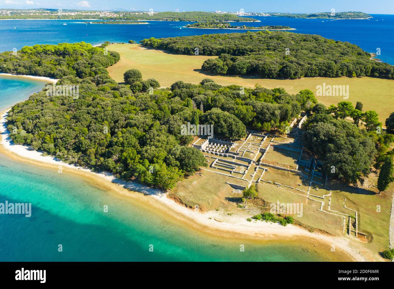 Aerial view of the Verige Bay with the ruins of Roman villa in Brijuni ...