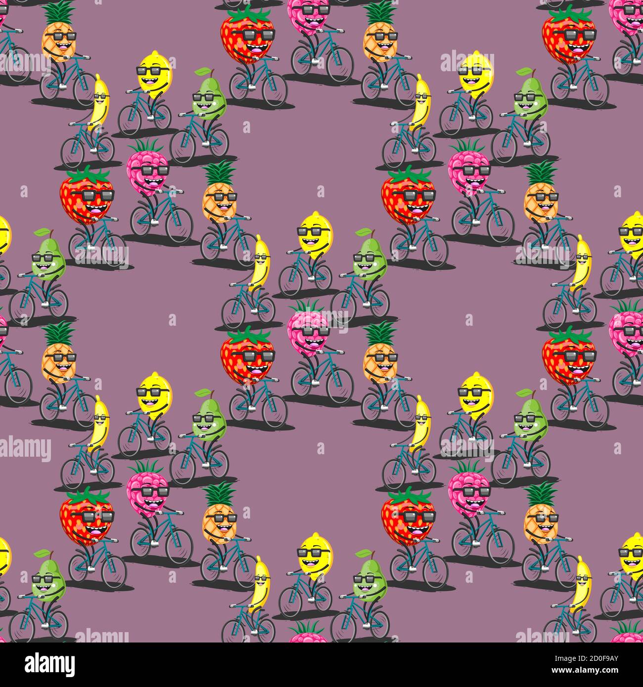 seamless cartoon fruit pattern riding a bike on a pink background ...