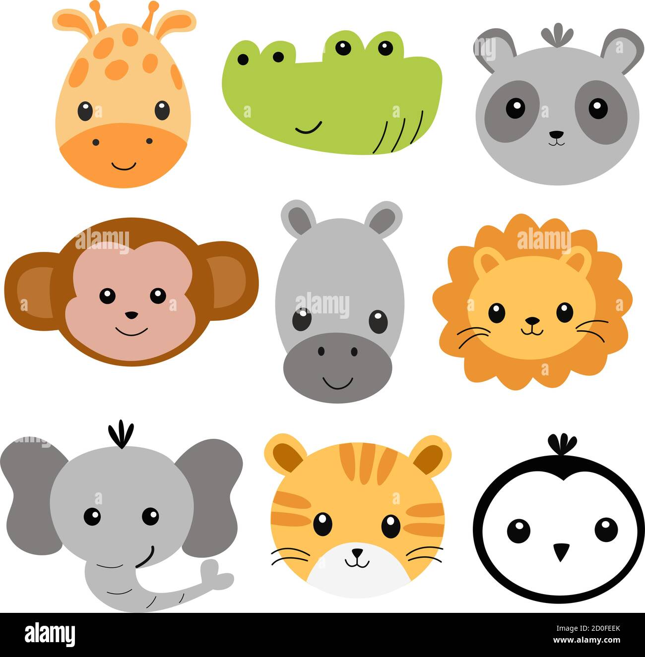 Image with a set of cute animal faces on a white background, in vector ...